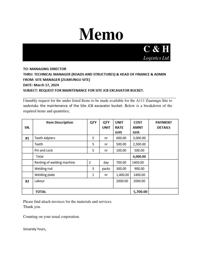 Memo (Maintenance For Site JCB Excavator Bucket Request) Zuarungu Site - 4 - 17 - 2024 | PDF ...