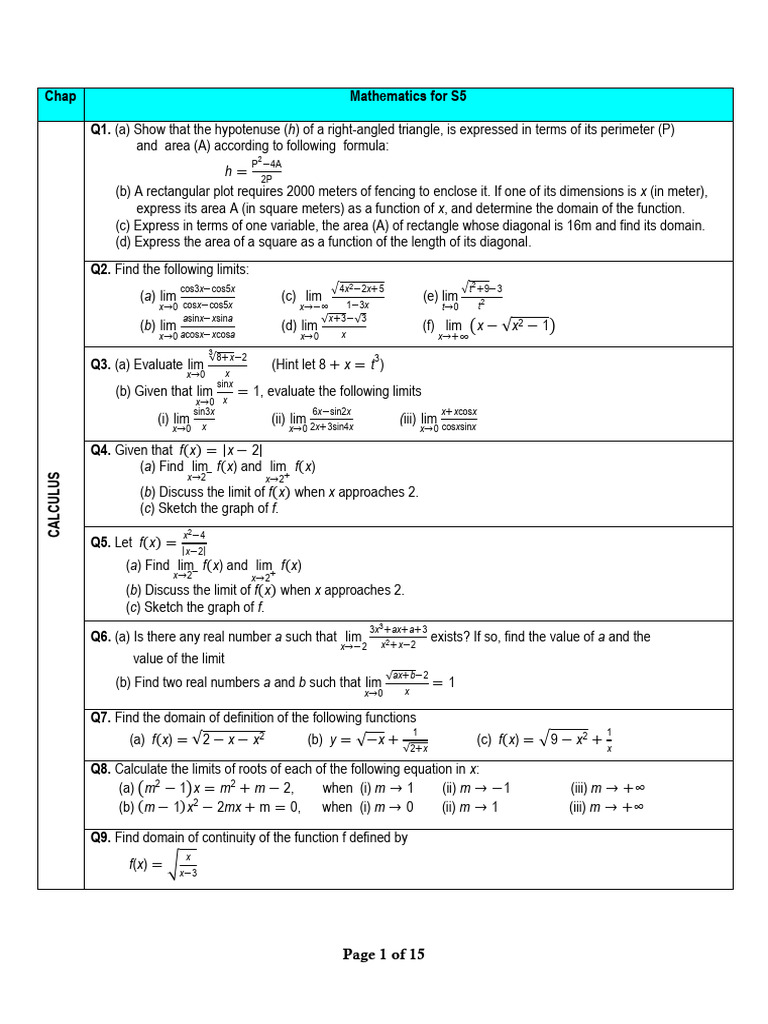 S5 Worksheet 01 | PDF | Asymptote | Tangent