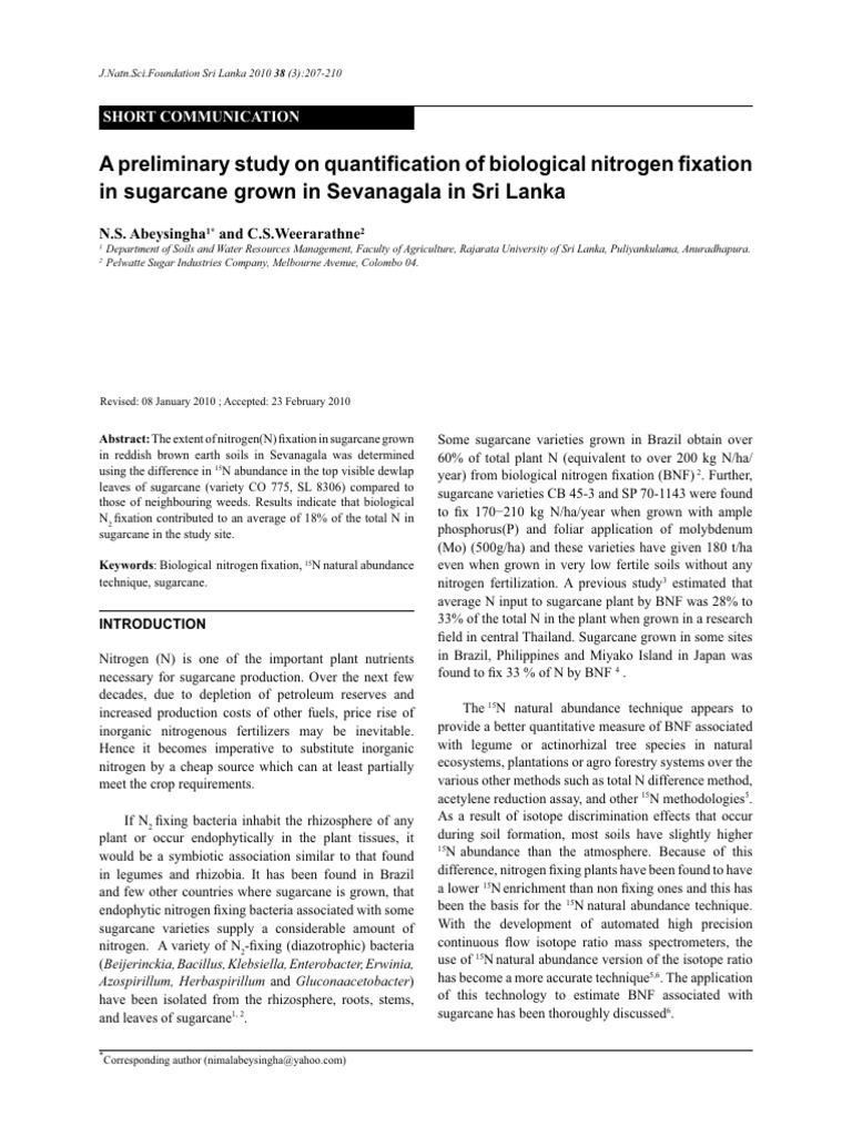 Abeysingha & Weerarathne, 2010 - A Preliminary Study On Quantification of BNF in Sugarcane in ...