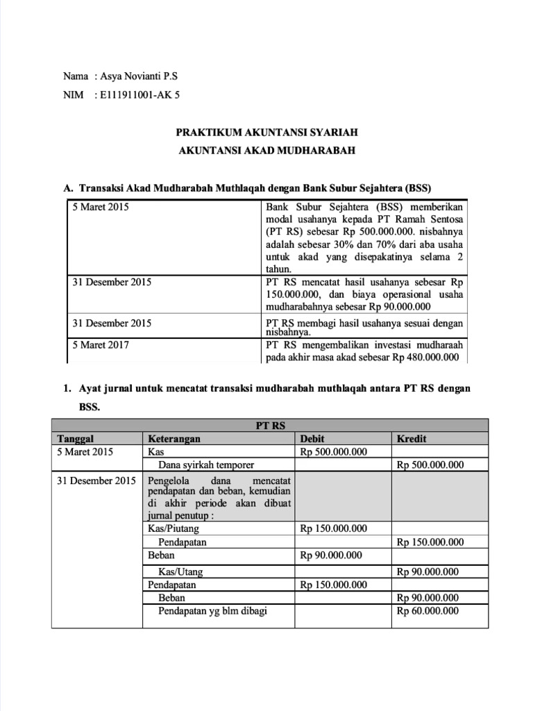 PDF Pratikum Akuntansi Mudharabah Asyanovianti E111911001 Ak5 - Compress | PDF