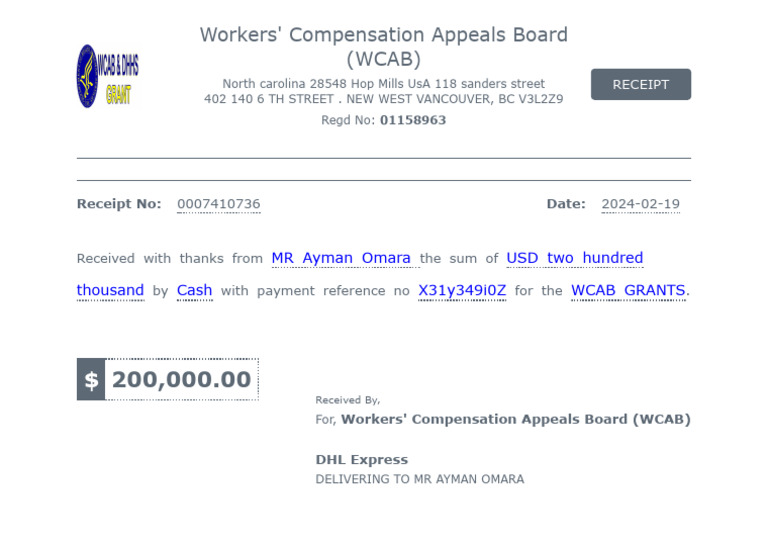 WCAB Grant Receipt for $200,000 | PDF