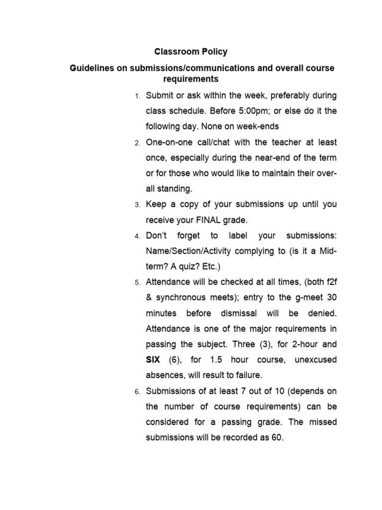 Classroom Policies For Orientation | PDF