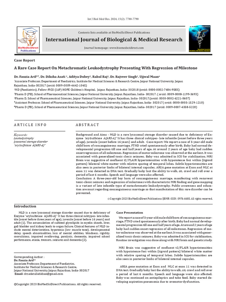 A Rare Case Report on Metachromatic Leukodystrophy Presenting With Regression of Milestone | PDF ...