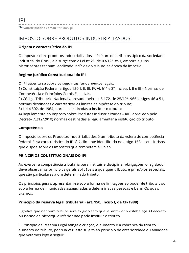 Imposto Sobre Produtos Industrializados: Origem e Característica Do IPI ...