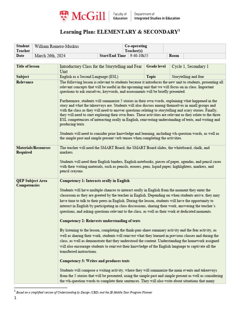 ESL Lesson Plan: Storytelling & Fear | PDF | Educational Assessment ...