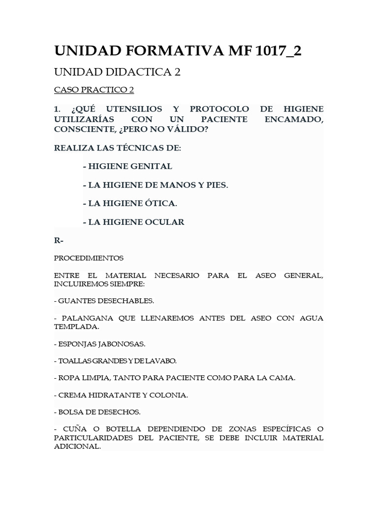 Unidad Formativa MF 1017 - 2 Und 2 Actividad 2 | PDF | Lavado de manos | Colchón