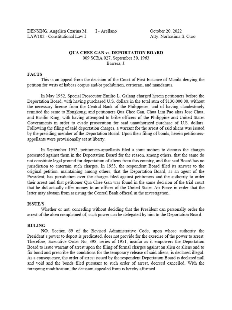 CASE DIGEST (QUA CHEE GAN vs. DEPORTATION BOARD) | PDF | Appeal | Arrest