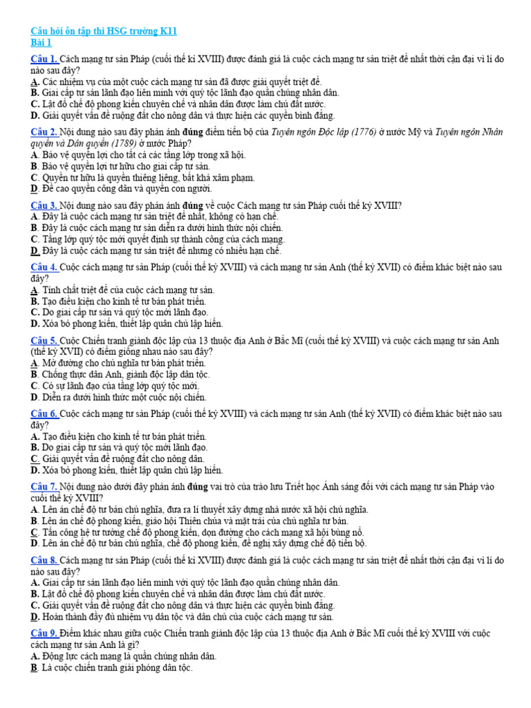 Câu hỏi ôn tập thi HSG trường K11 | PDF