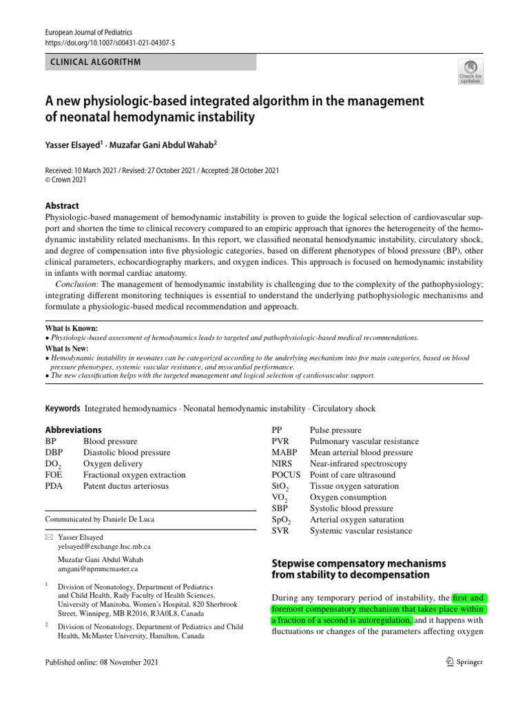 A New Physiologic Based Integrated Algorithm in The Management of Neonatal Hemodynamic ...