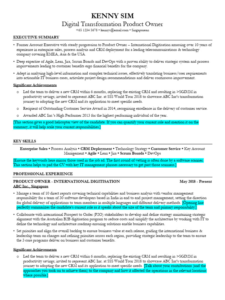 Client CV - Digital Transformation Product Owner (SG) | Download Free ...