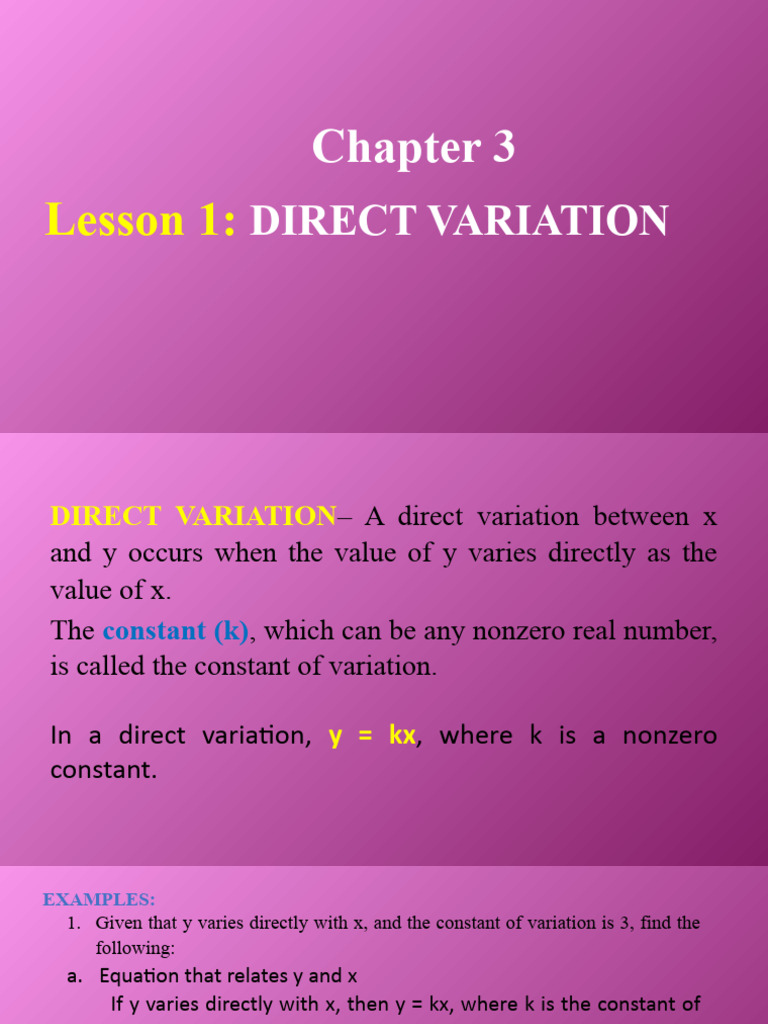 LESSON 1 Direct Variation and Direct Square | PDF | Weight | Equations