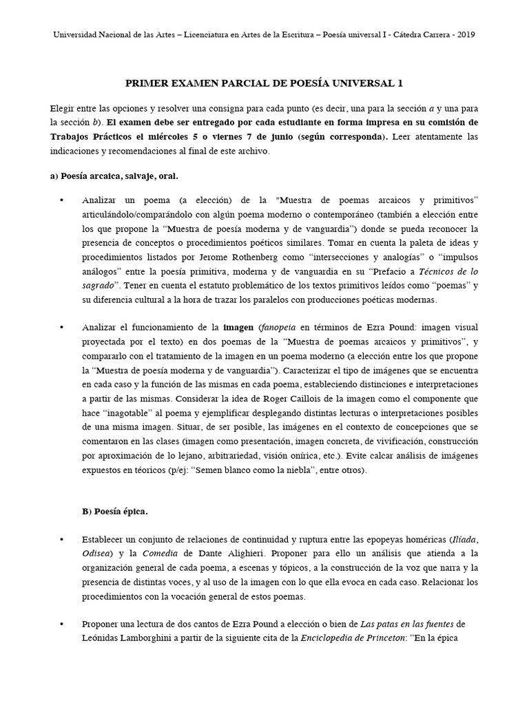 Primer Examen Parcial de Poesía Universal 1 - 2019 | PDF | Poesía