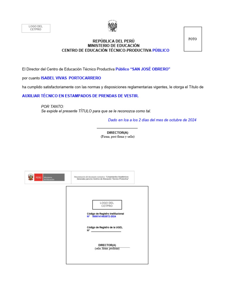 Anexo #5B Título A Nombre Del Cetpro | PDF