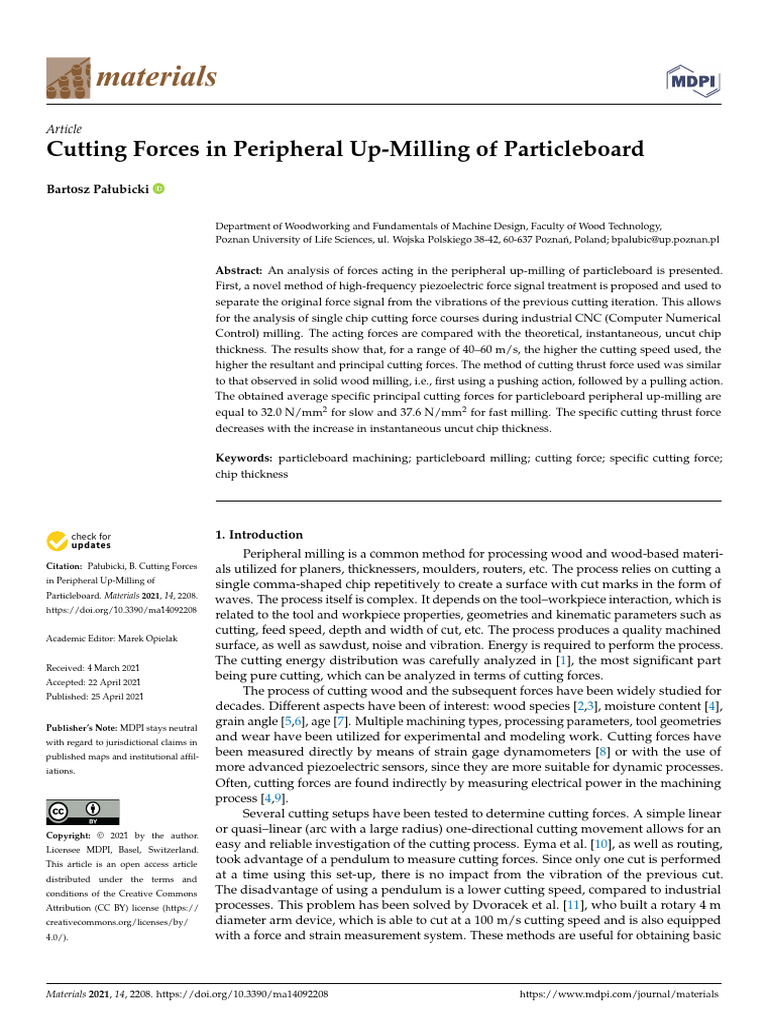 Cutting Forces in Peripheral Up-Milling of Particleboard | PDF | Machining | Sampling (Signal ...