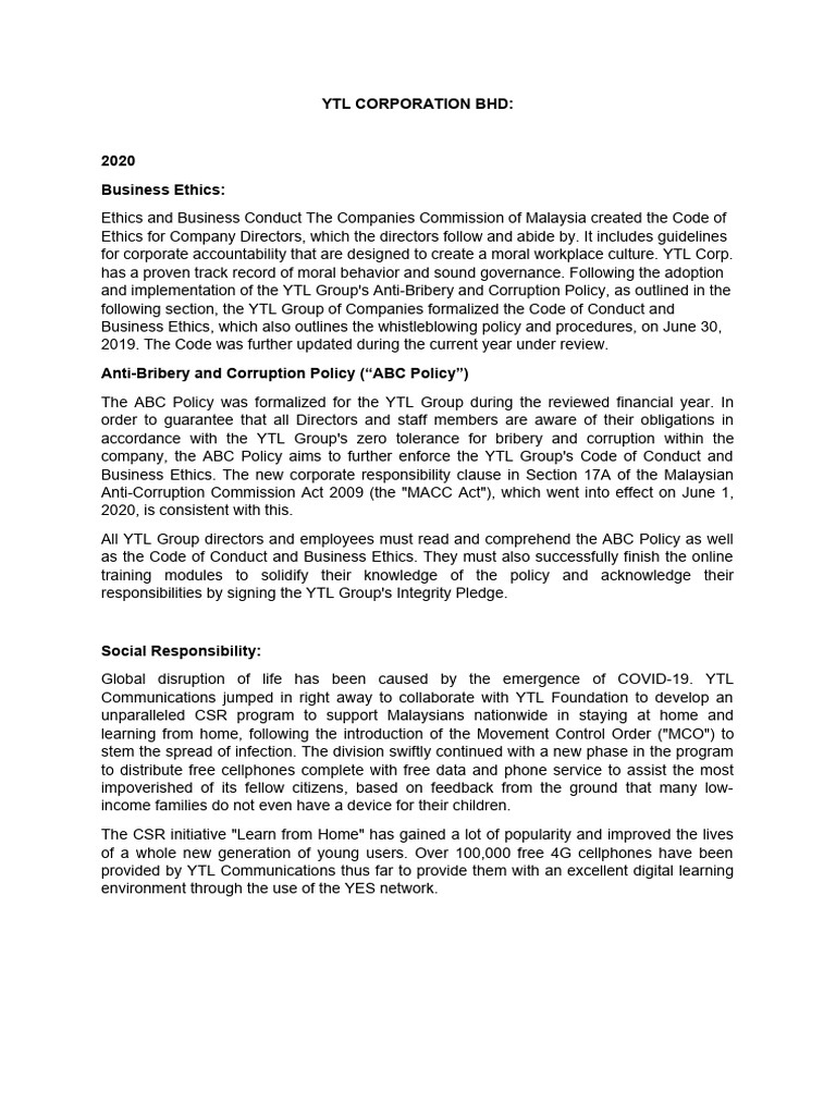 Ytl Corporation BHD | Download Free PDF | Corporate Social ...