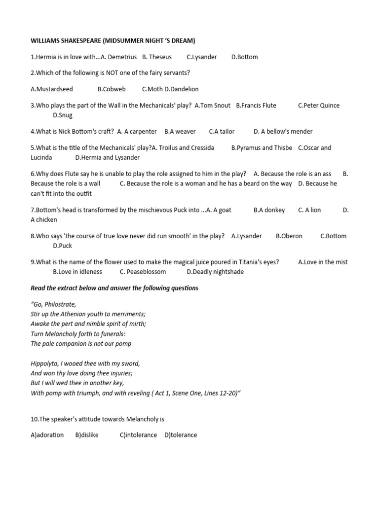 A Midsummer Night's Dream Quiz | PDF | A Midsummer Night's Dream ...