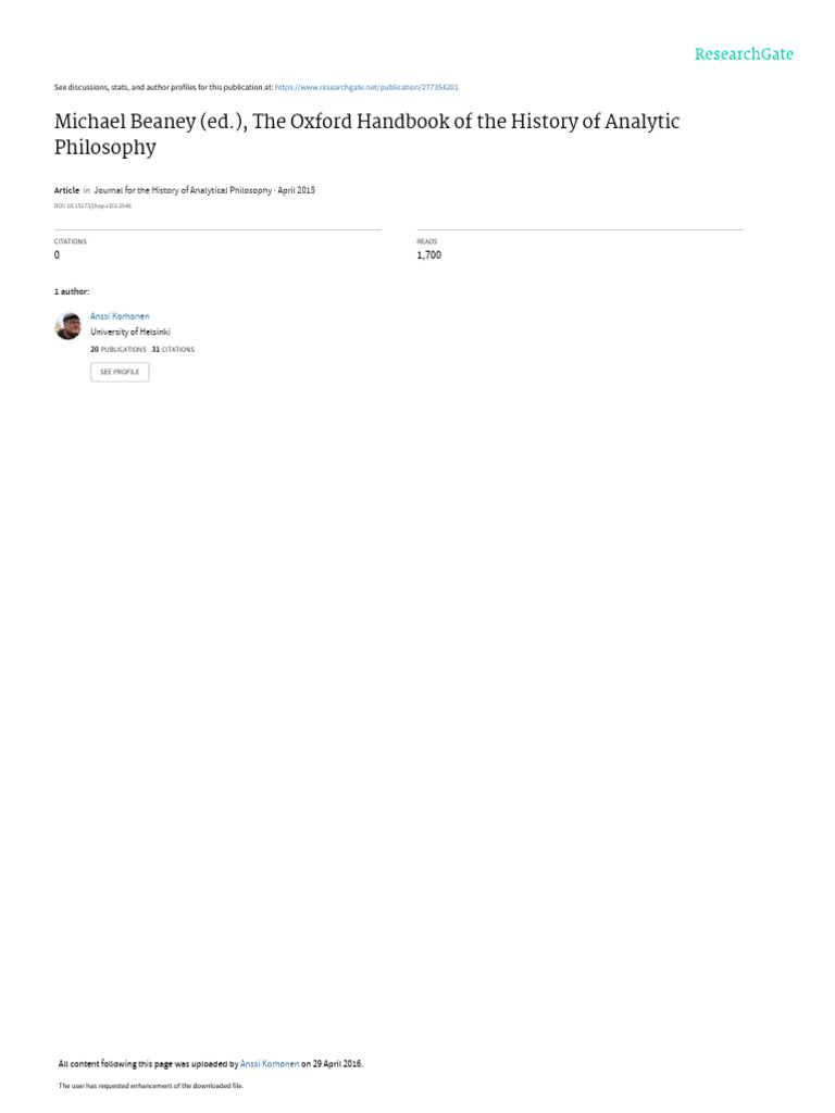 Michael Beaney Ed The Oxford Handbook of The Histo | PDF | Analytic ...