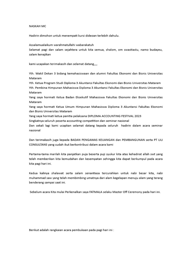 Naskah MC Seminar Nasional Akuntansi 2023 | PDF | Karier & Perkembangan | Ilmu Sosial
