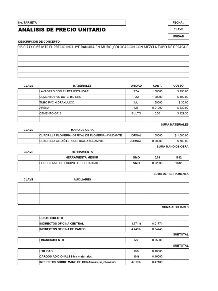 Formato Tarjeta Precios Unitarios | PDF