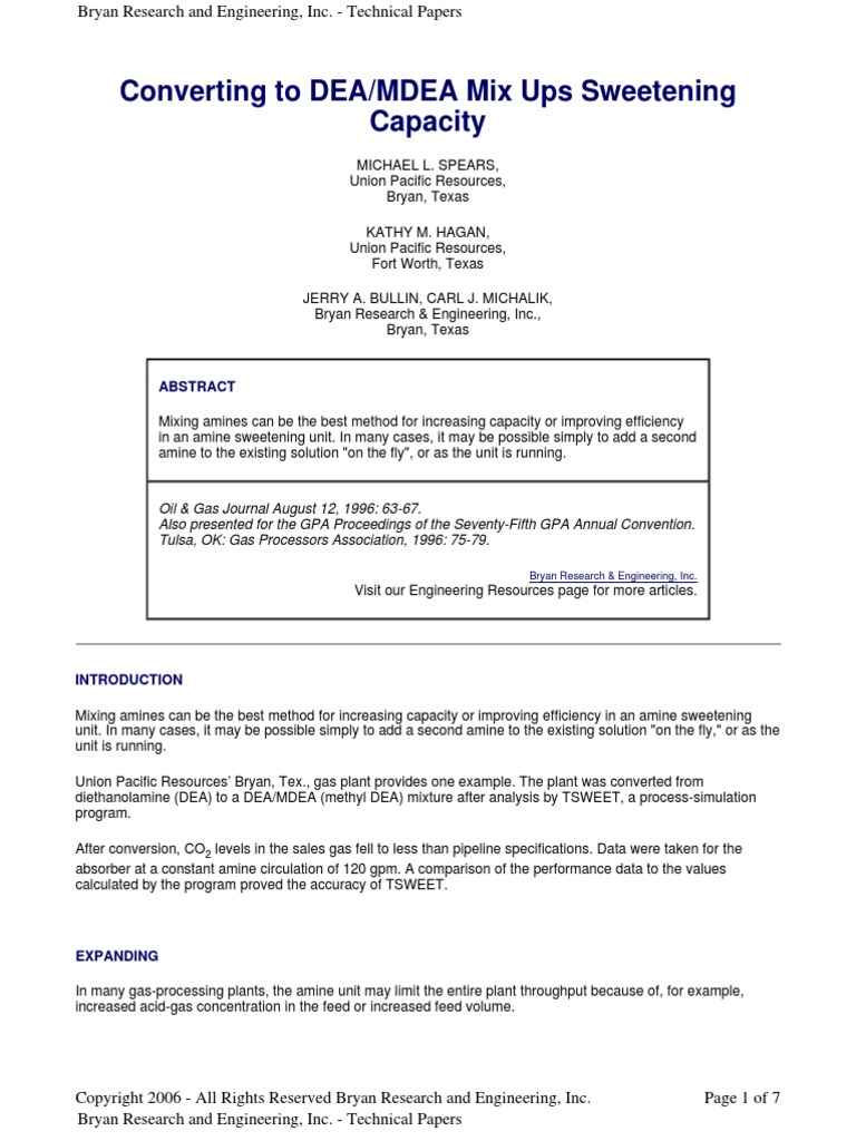 Converting To DEA-MDEA Mix Ups Sweetening Capacity | PDF | Carbon ...