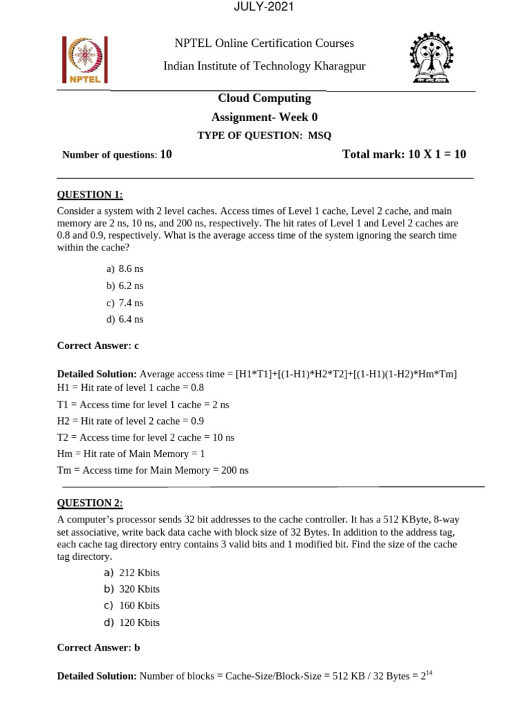 Cloud Computing Assignment-Week 0 10 Total Mark: 10 X 1 10 | PDF | Cloud Computing | Microsoft Azure