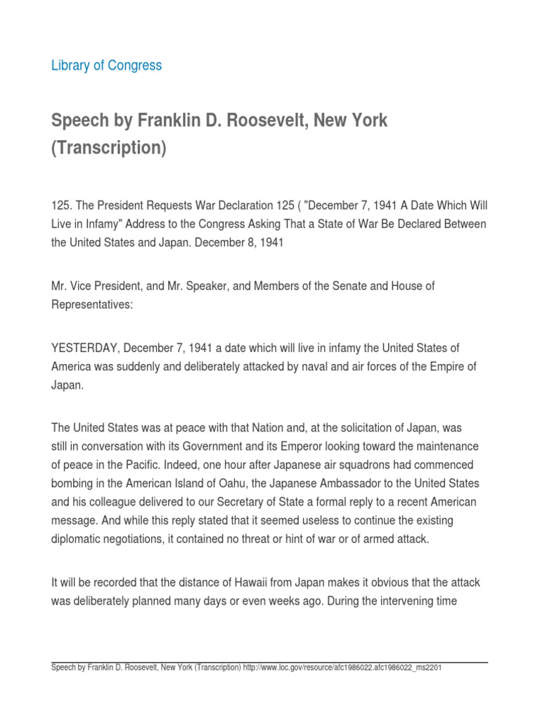 Infamy Speech By Fdr Download Free Pdf Attack On Pearl Harbor