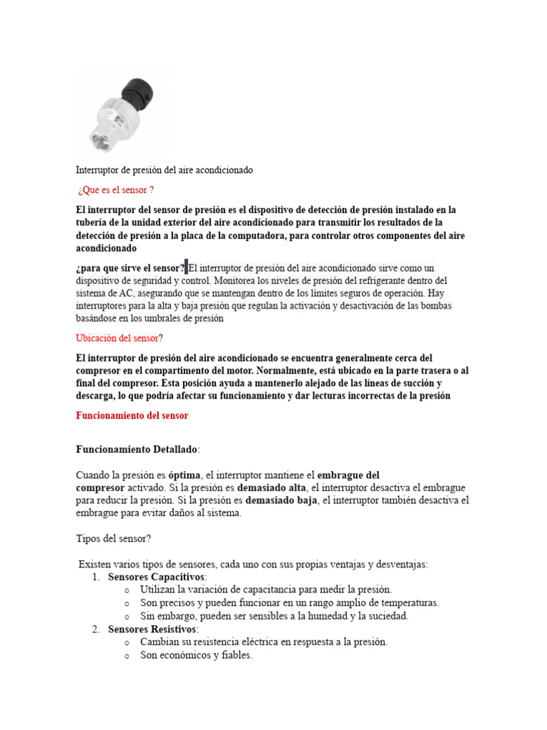 Funcionamiento del Sensor de Presión AC | PDF | Cambiar | Sensor