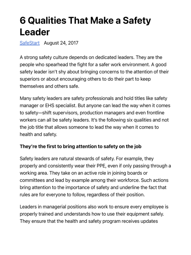 6 Qualities That Make A Safety Leader - SafeStart | PDF | Occupational ...