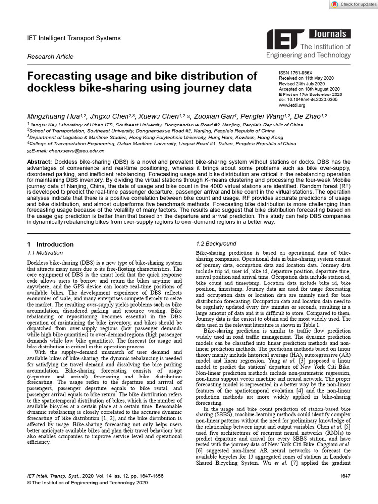 Iet Intelligent Trans Sys 2020 Hua Forecasting Usage And Bike Distribution Of Dockless