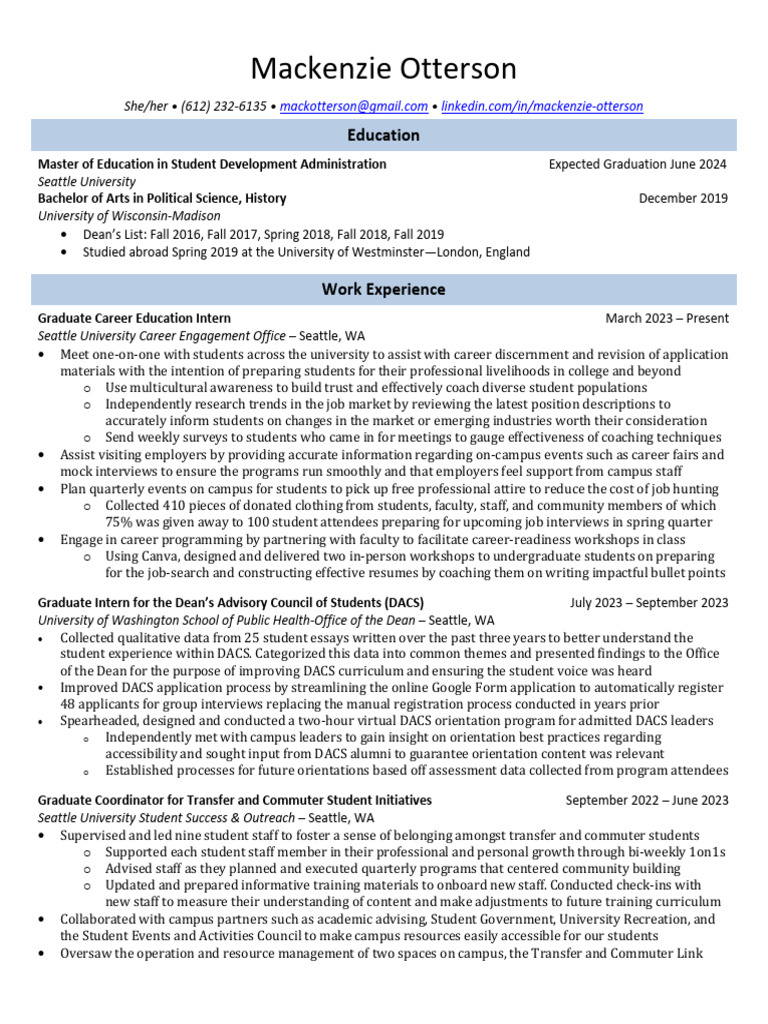 mackenzie otterson general resume | PDF | Social Work | University Of Wisconsin–Madison