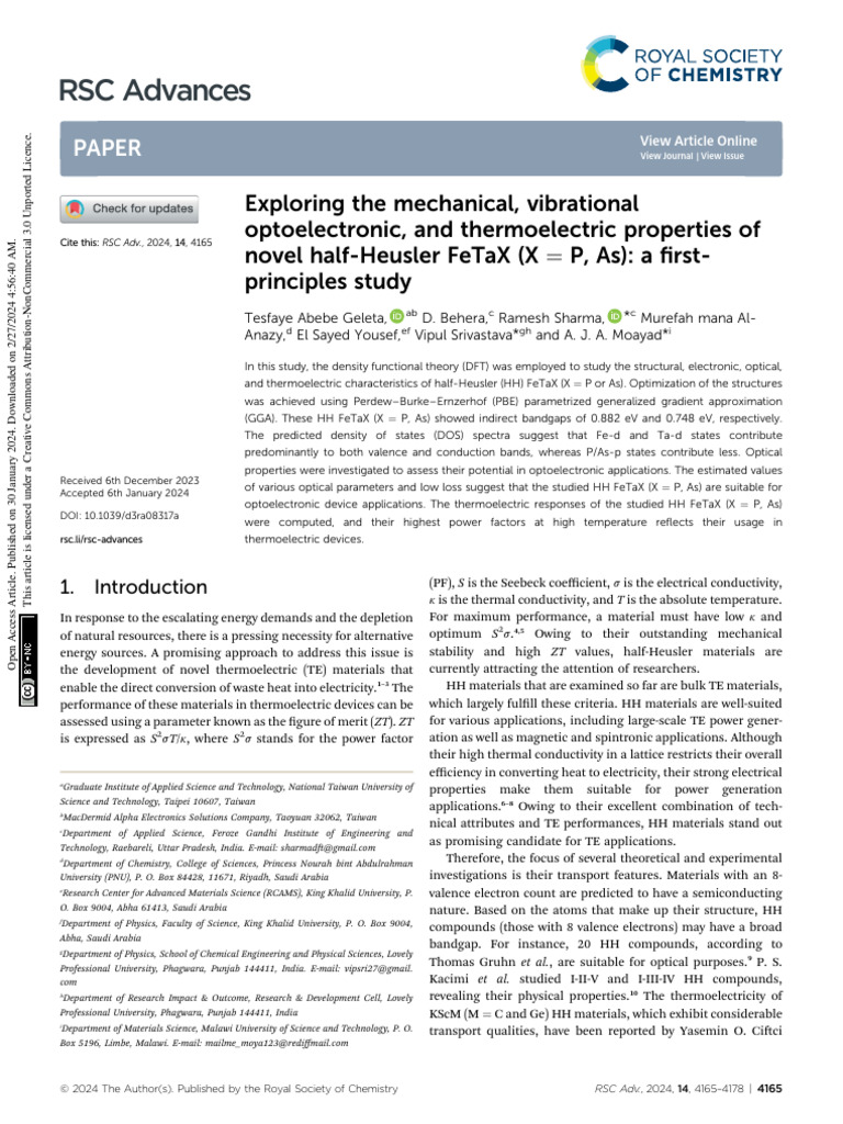 Exploring The Mechanical, Vibrational Optoelectronic, and Thermoelectric Properties Ofprinciples ...