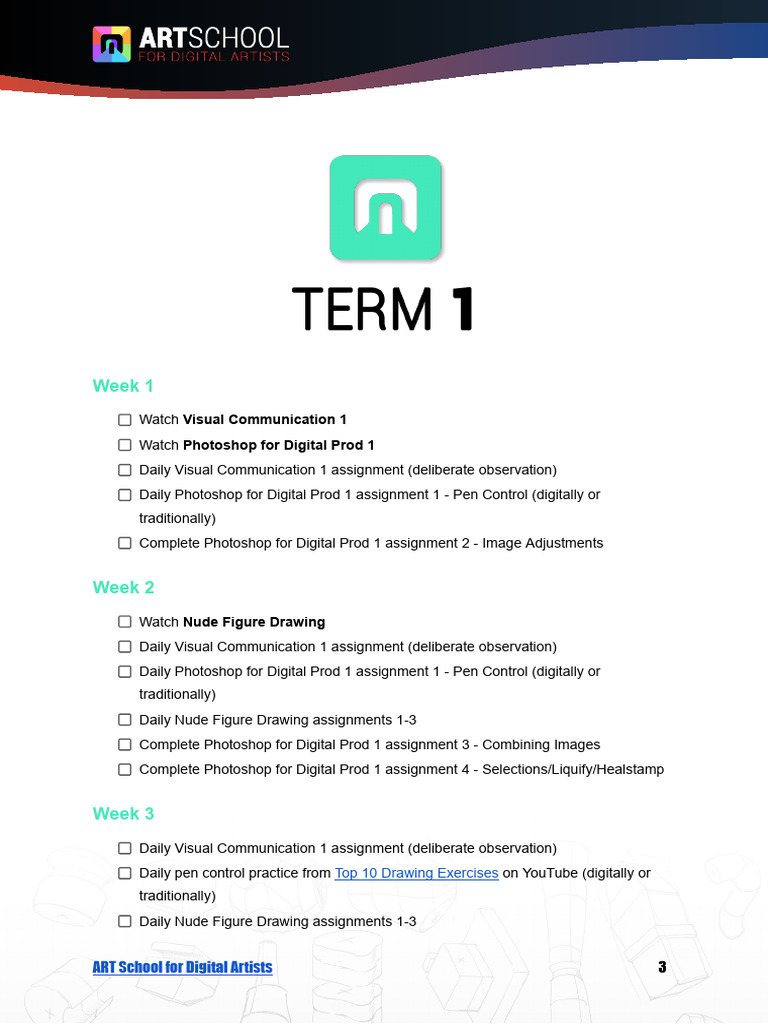 ART School Term 1 - Weekly Study Schedule | PDF | Figure Drawing | Drawing