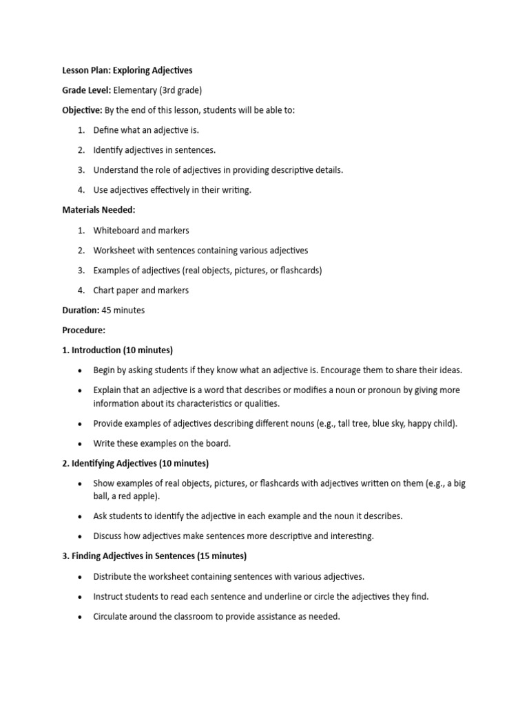 Lesson Plan - Adjectives | PDF | Adjective | Lesson Plan