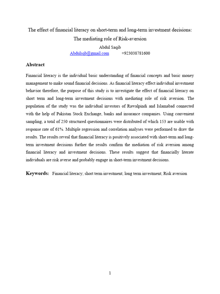 Financial Literacy Paper | PDF | Investing | Risk Aversion