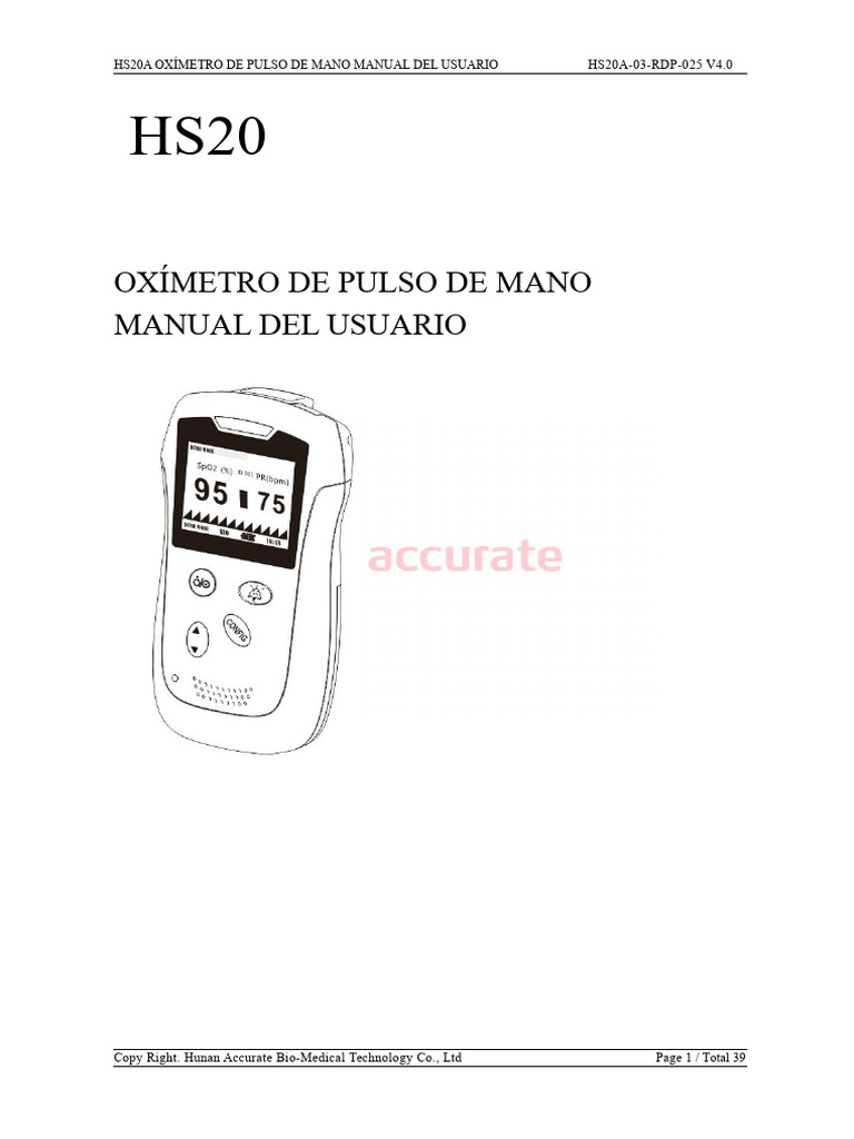 Hs20A Oxímetro de Pulso de Mano Manual Del Usuario HS20A-03-RDP-025 V4.0 | PDF | Legumbres ...