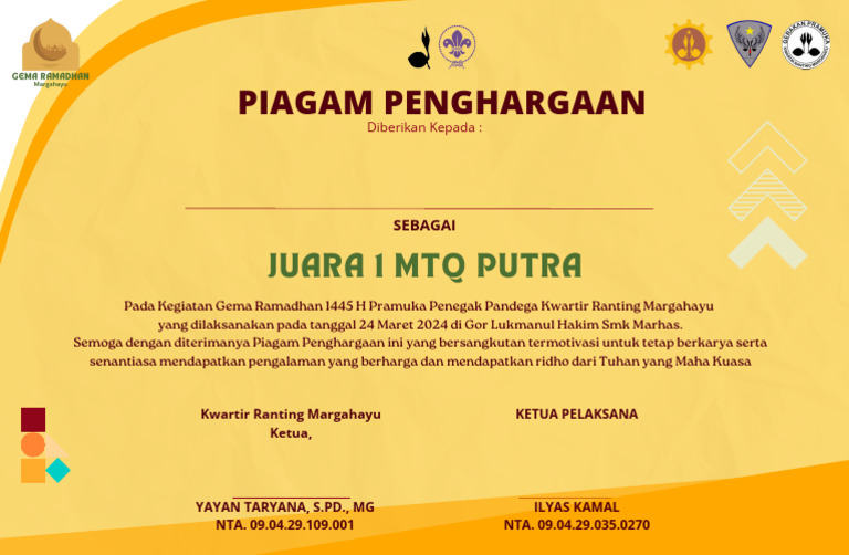 Piagam Penghargaan: Juara 1 MTQ Putra | PDF