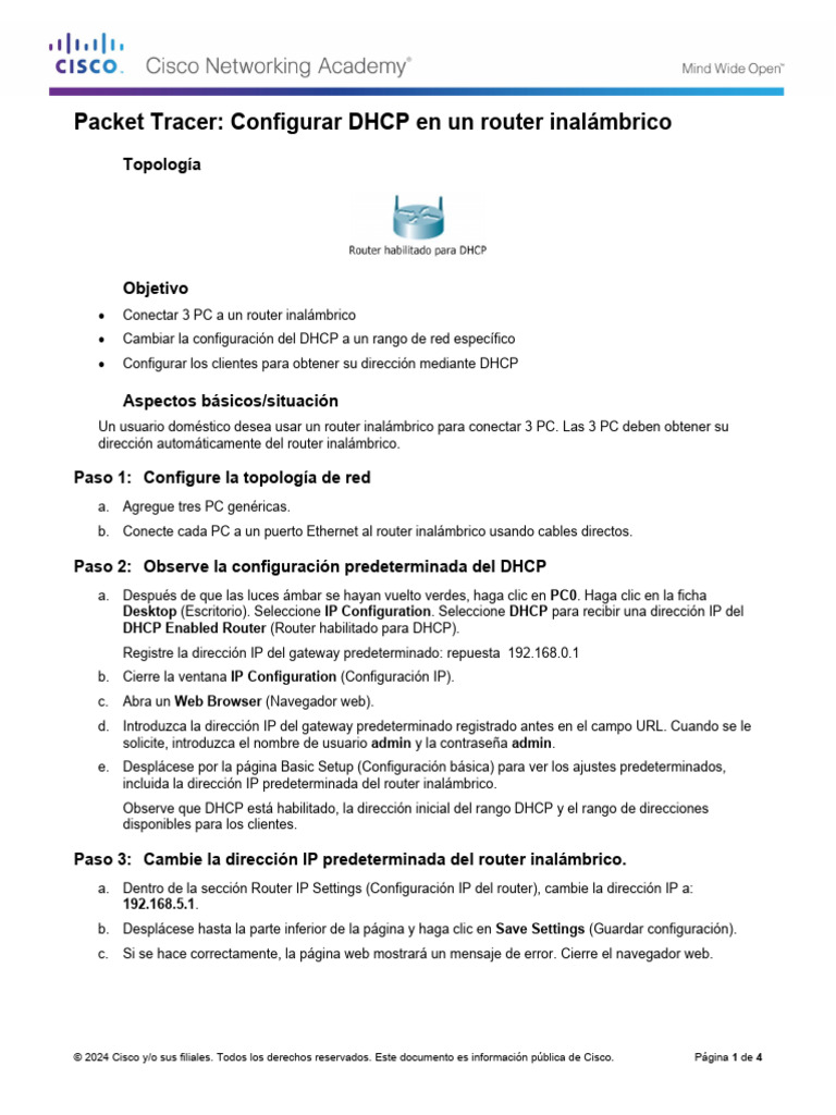 4.3.3.3 Packet Tracer - Configure DHCP On A Wireless Router | PDF | Dirección IP | Enrutador ...