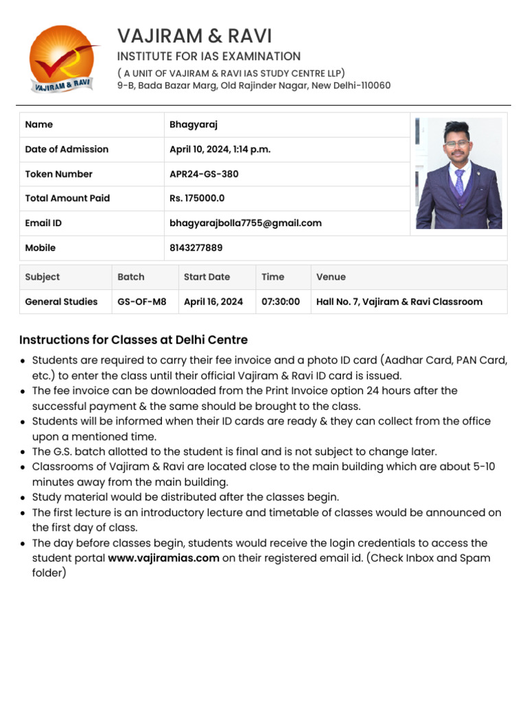 Vajiram & Ravi Admission Details 2024 | PDF