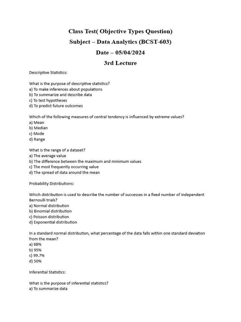 Data Analytics Class Test Questions | PDF | Statistics | Analysis Of ...