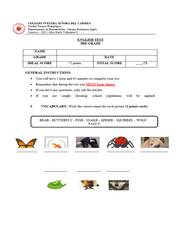 Prueba 3ro "Animals" | PDF | Zoology