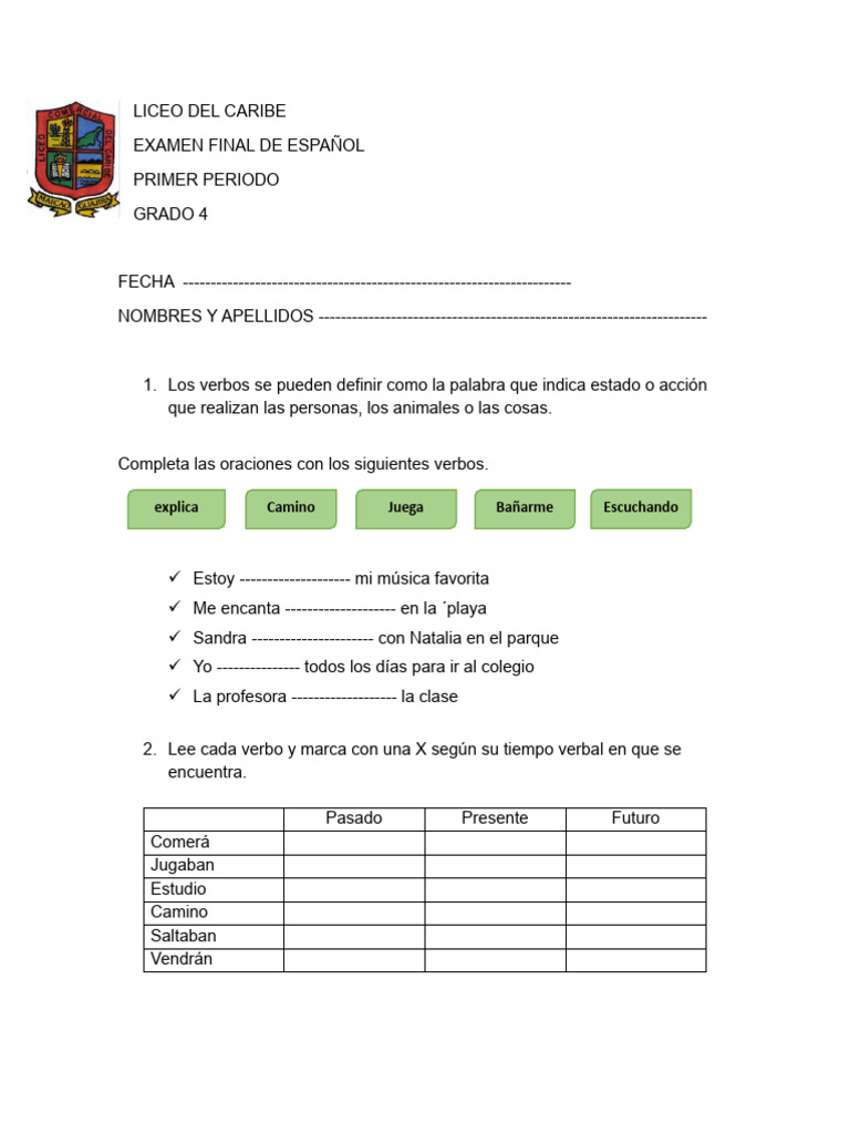 Examen Español Final Primer Periodo | PDF | Tipología Lingüística ...