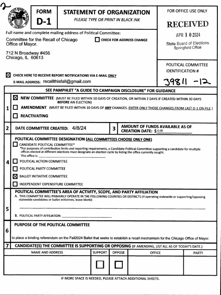 Chicago Mayor Recall Committee Form | PDF | Political Action Committee ...