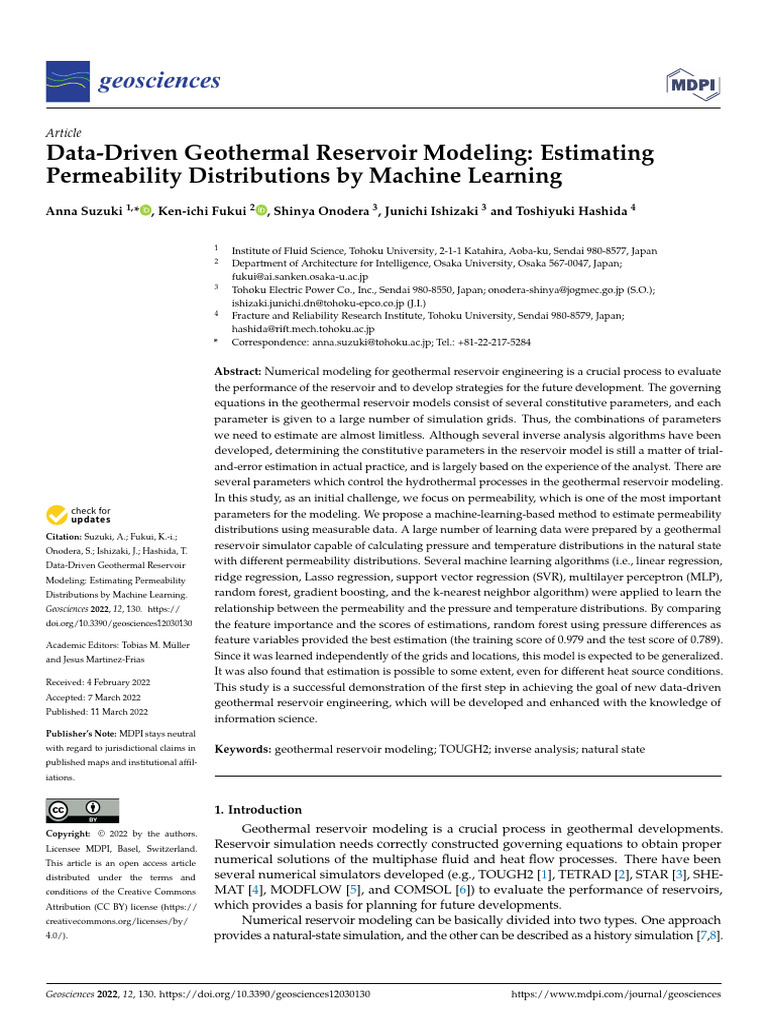 Geosciences: Data-Driven Geothermal Reservoir Modeling: Estimating Permeability Distributions by ...