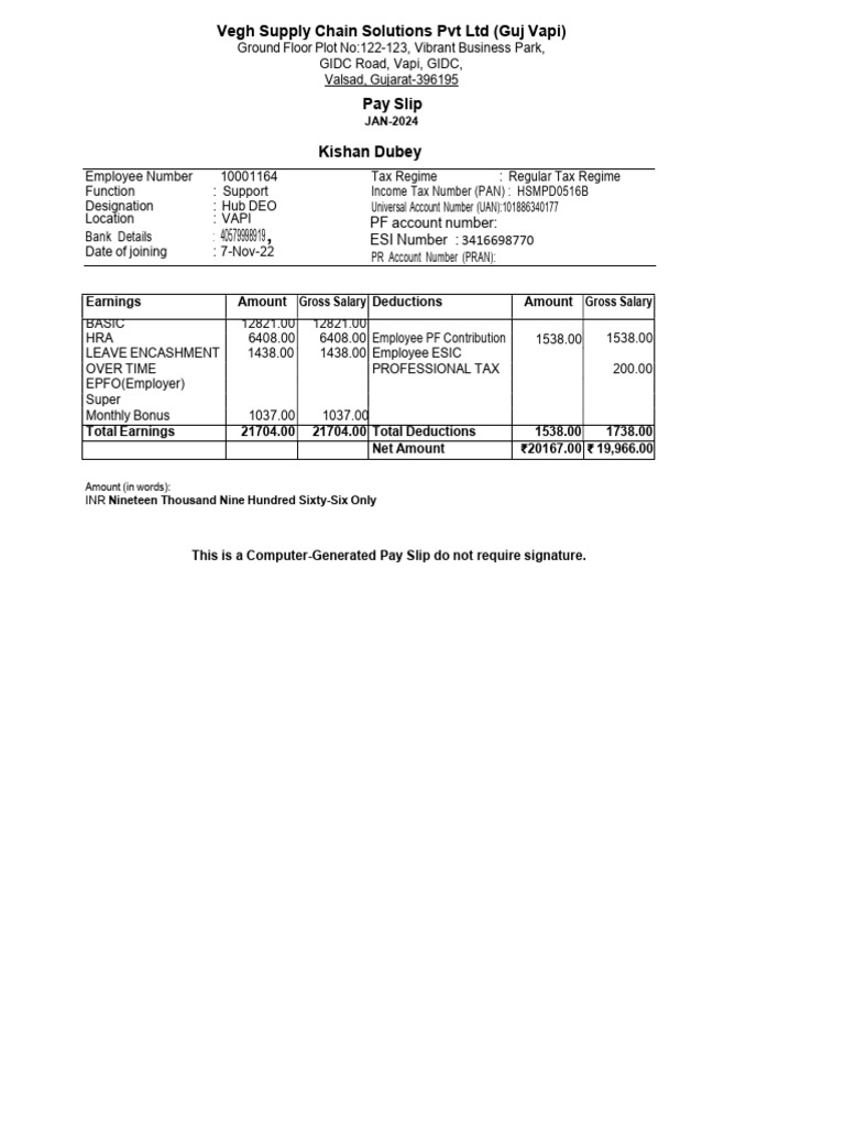 January 2024 Salary Slip - Kishan Dubey | PDF | Finance & Money Management