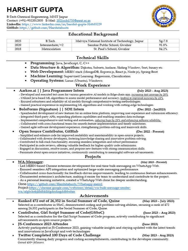 Harshit Gupta's Tech Resume 2023 | PDF | Software Engineering | Computer Science