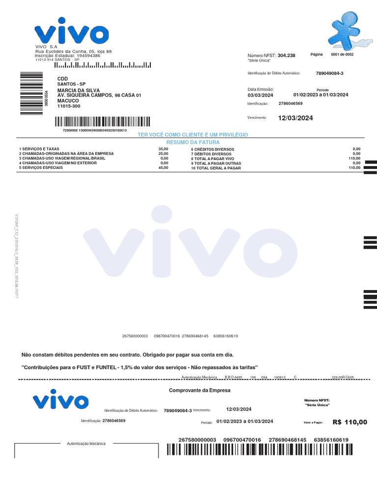 Fatura - Vivo 02-2024 | PDF | Pagamentos