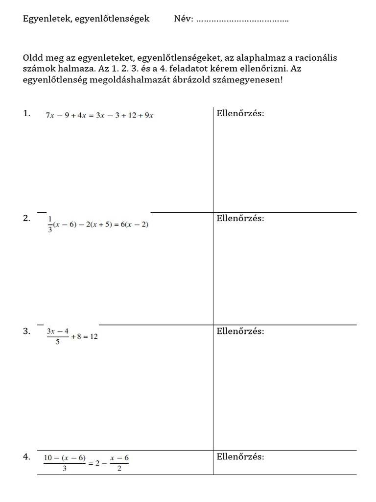 Egyenletek Dolgozat 8.osztály | PDF