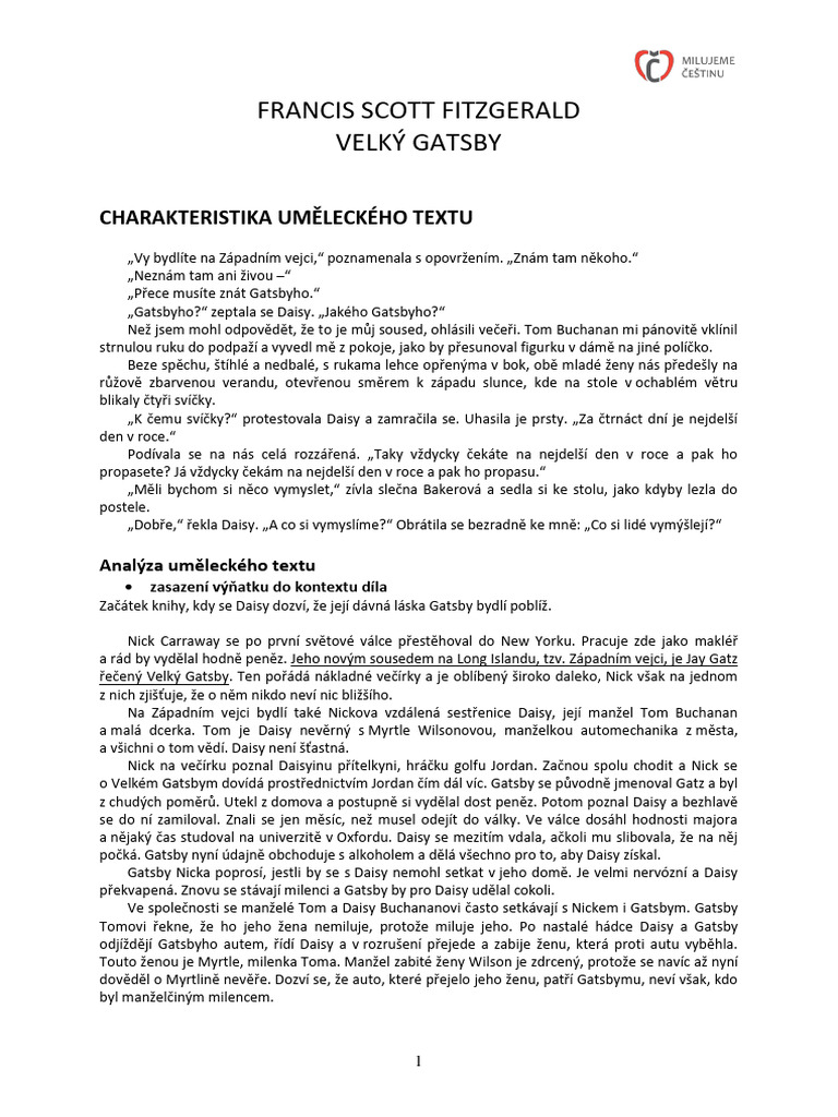 Francis Scott Fitzgerald Velky Gatsby | PDF