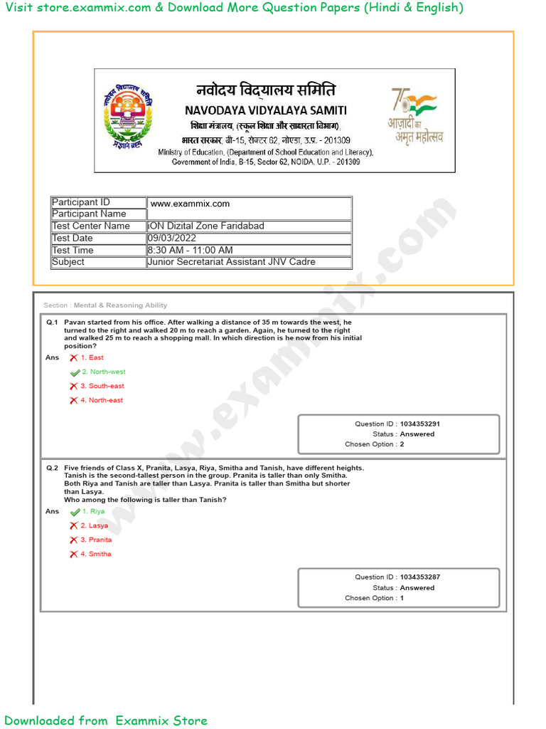 NVS Junior Secretariat Assistant Exam Paper | PDF