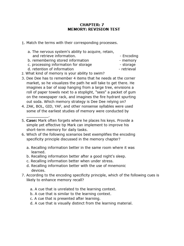 Memory: Revision Test | PDF | Memory | Recall (Memory)